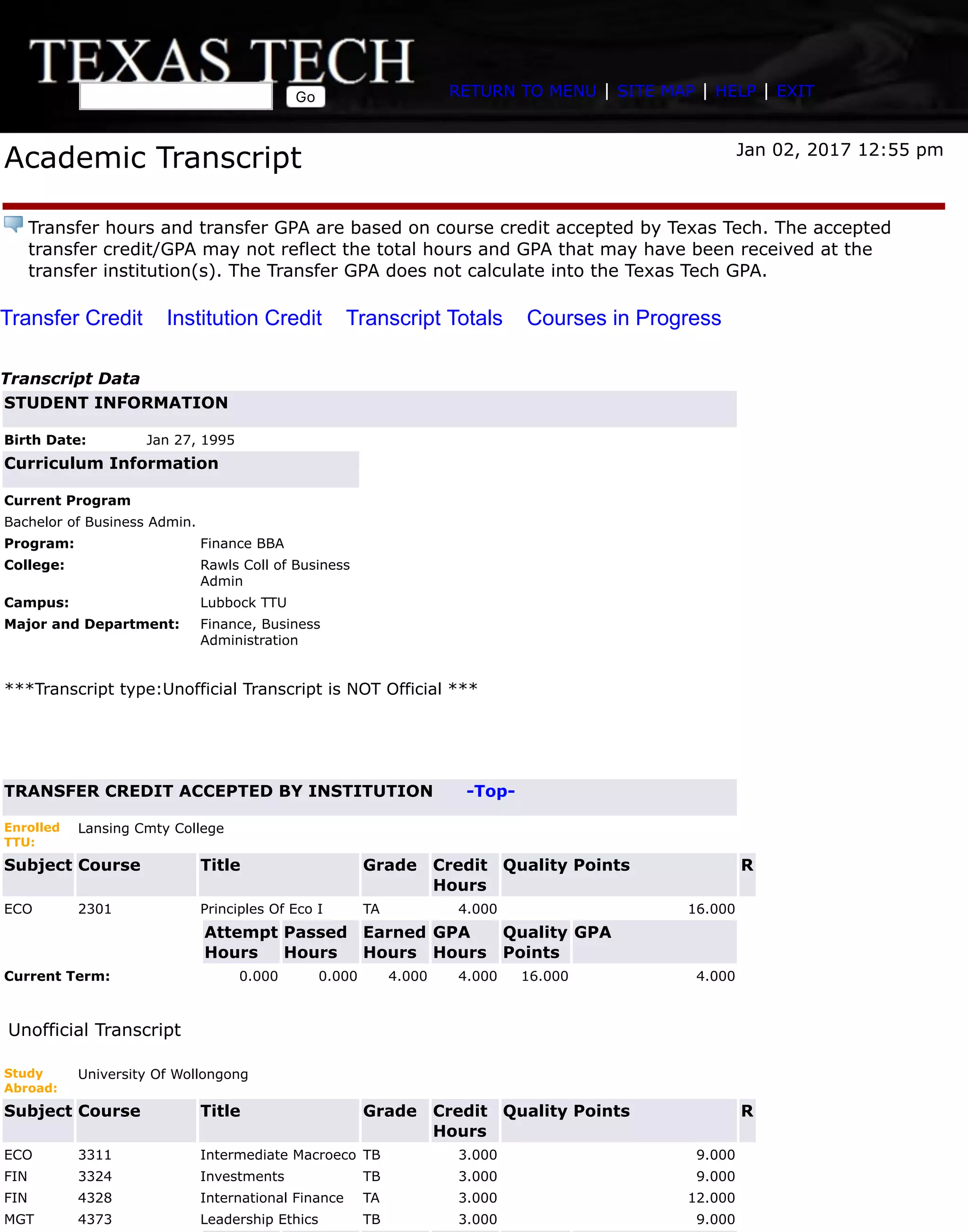 Academic Transcript 2017 | PDF