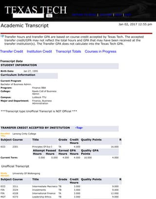 Academic Transcript 2017 | PDF
