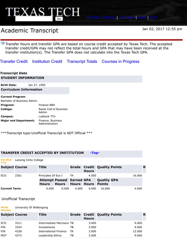 Academic Transcript 2017 | PDF