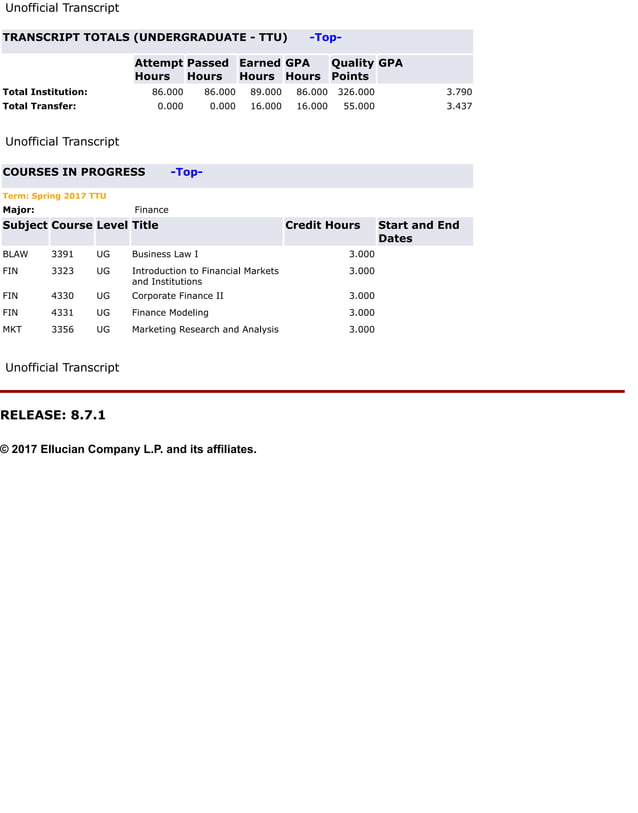 Academic Transcript 2017 | PDF