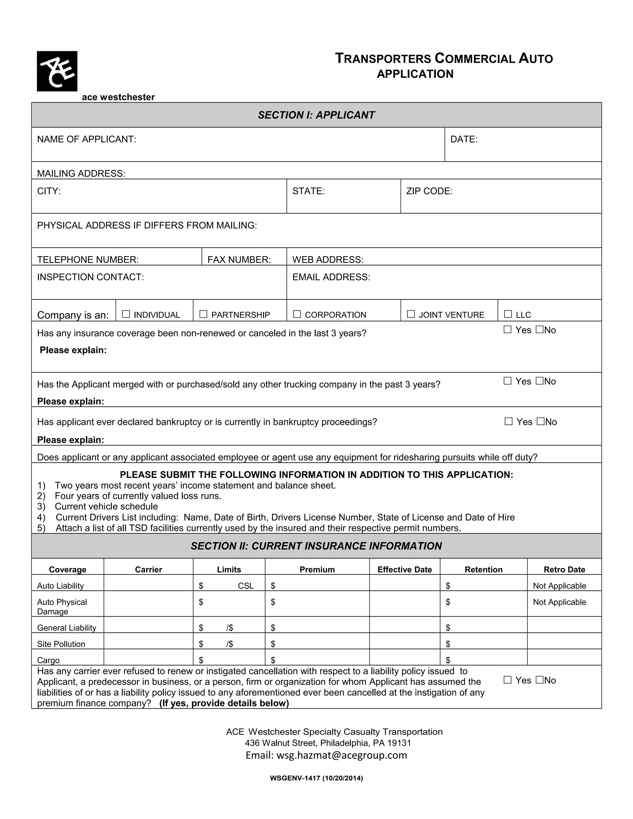ACE Westchester GENERAL FREIGHT Commercial Auto Application | DOC