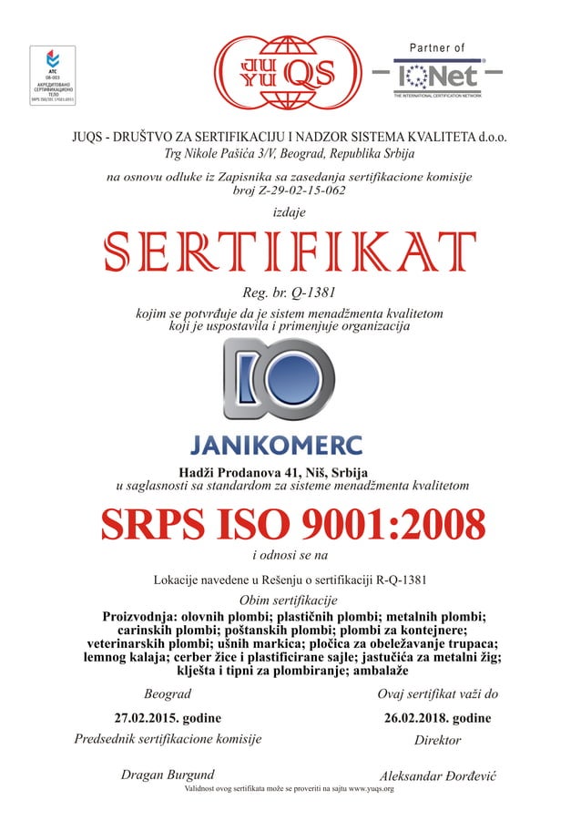 JUQS Sertifikat za ISO 9001 - JANIKOMERC | PDF