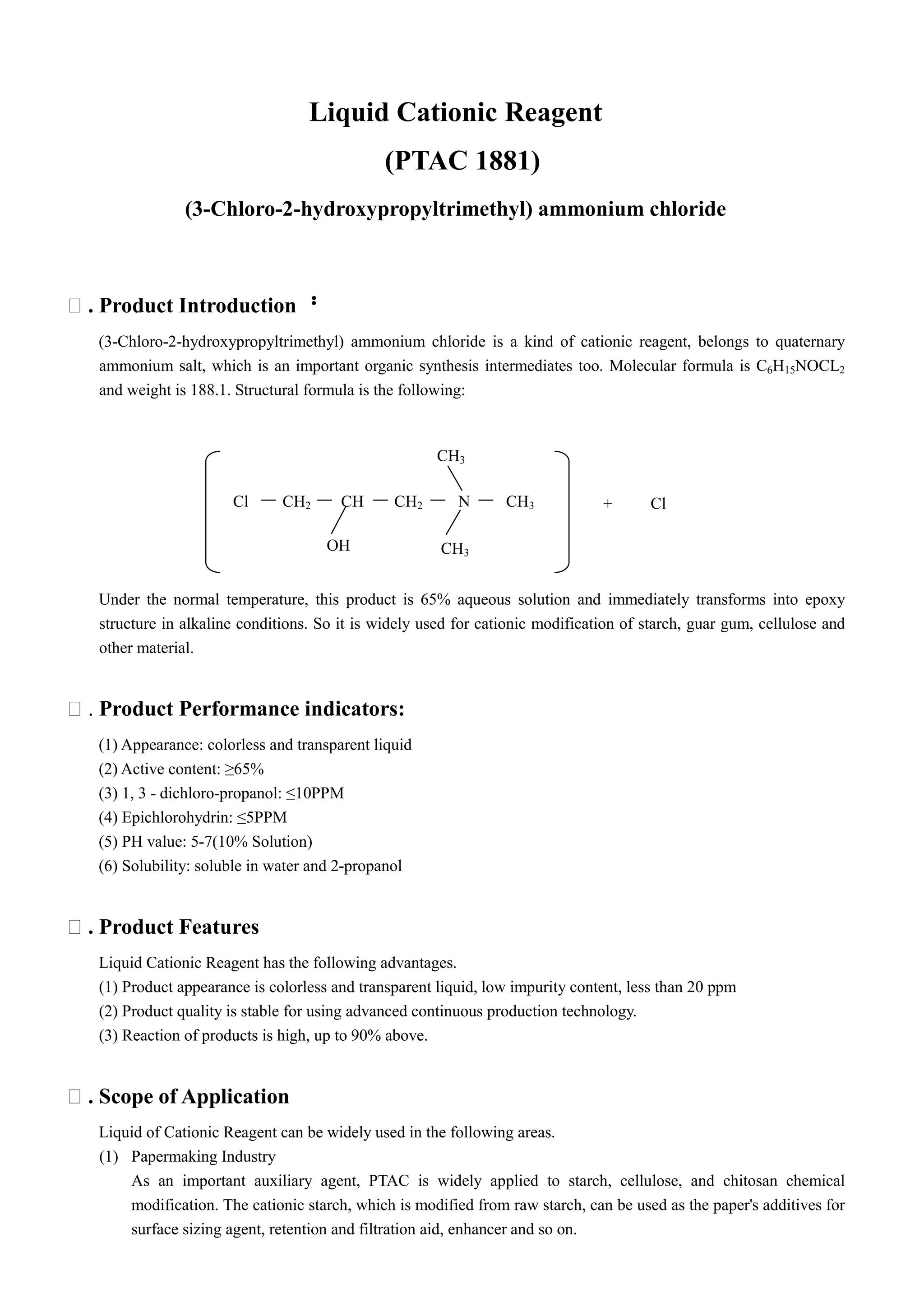 Cationic reagent PTAC 65% information | PDF