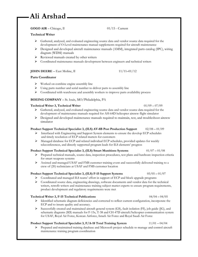 Ali Arshad Resume Technical Edtr Wrtr Sr | DOC
