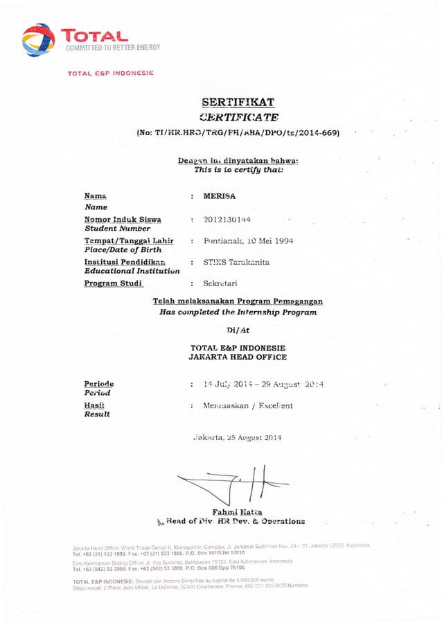 TOTAL E&P Indonesie - Certificate | PDF