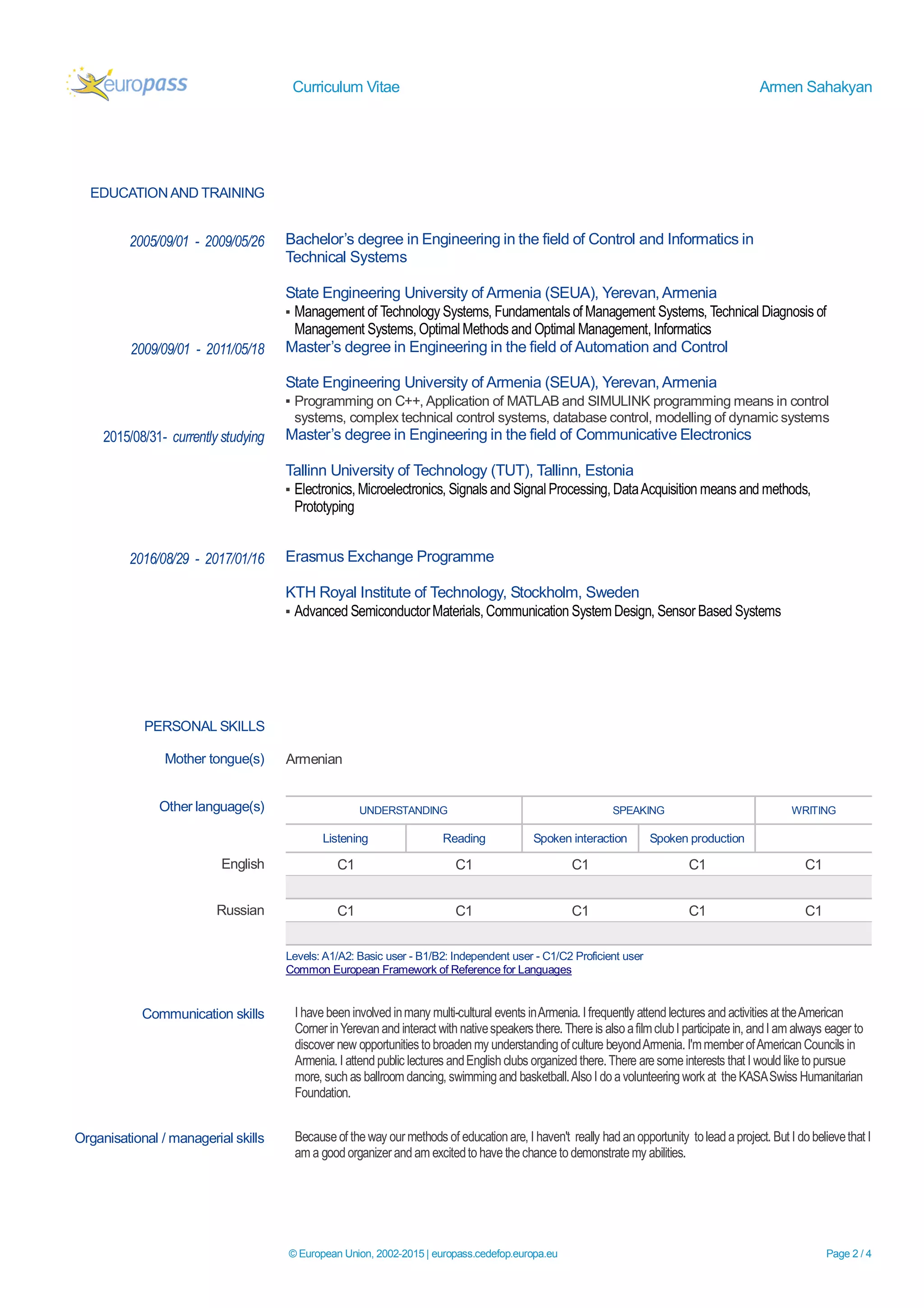 Armen Sahakyan EUROPASS format CV | PDF