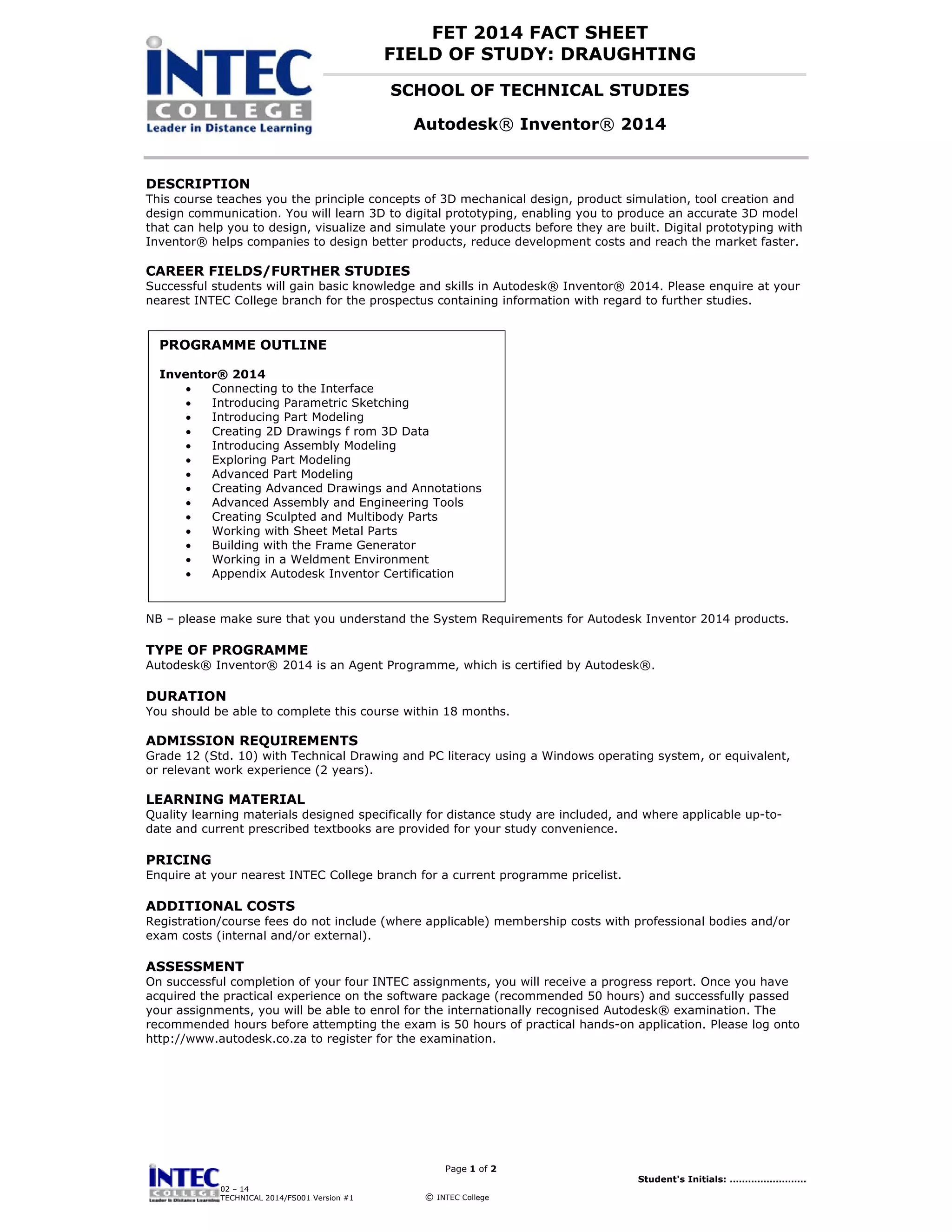 INTEC Autodesk Inventor 2014 Certification | PDF