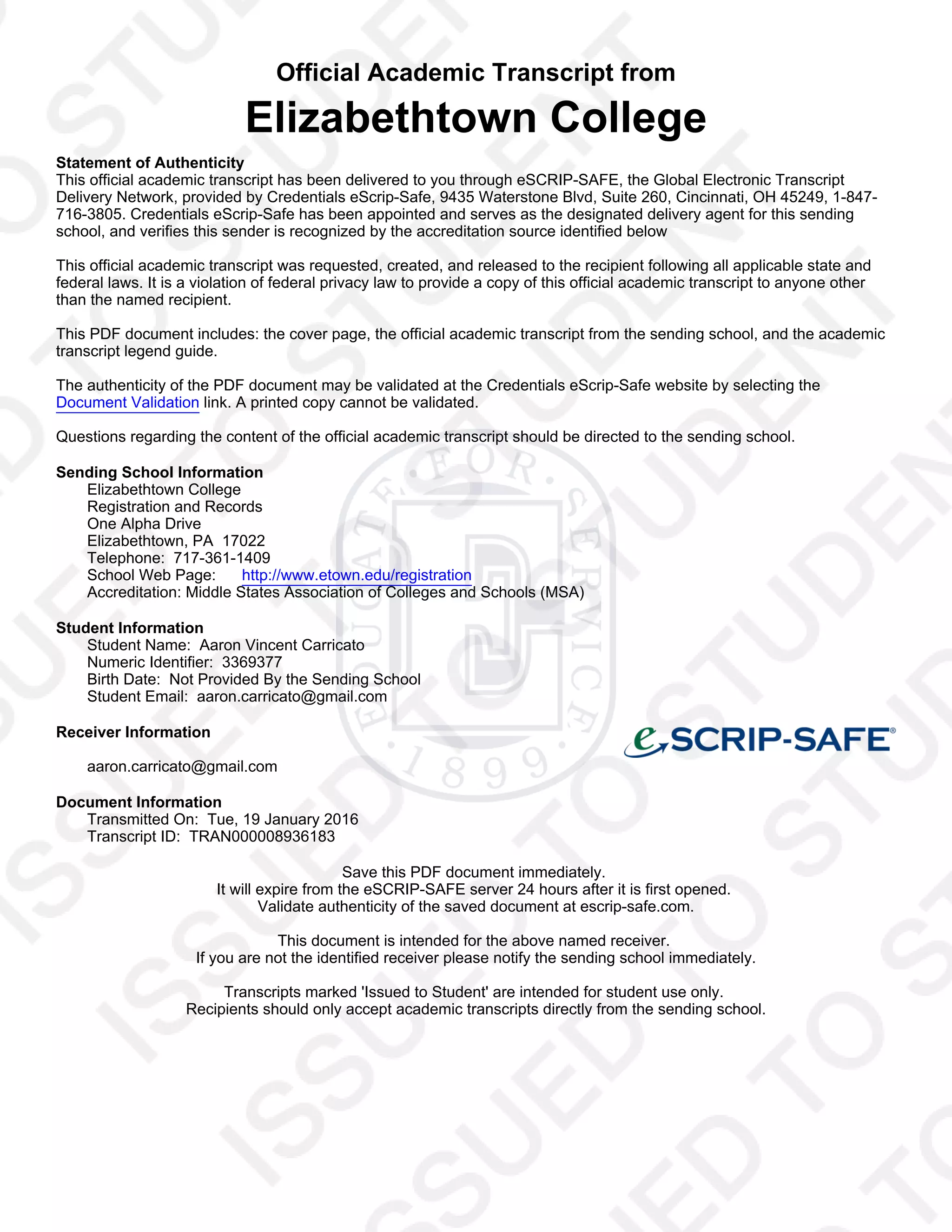 Elizabethtown College Official Transcript (eVersion) | PDF