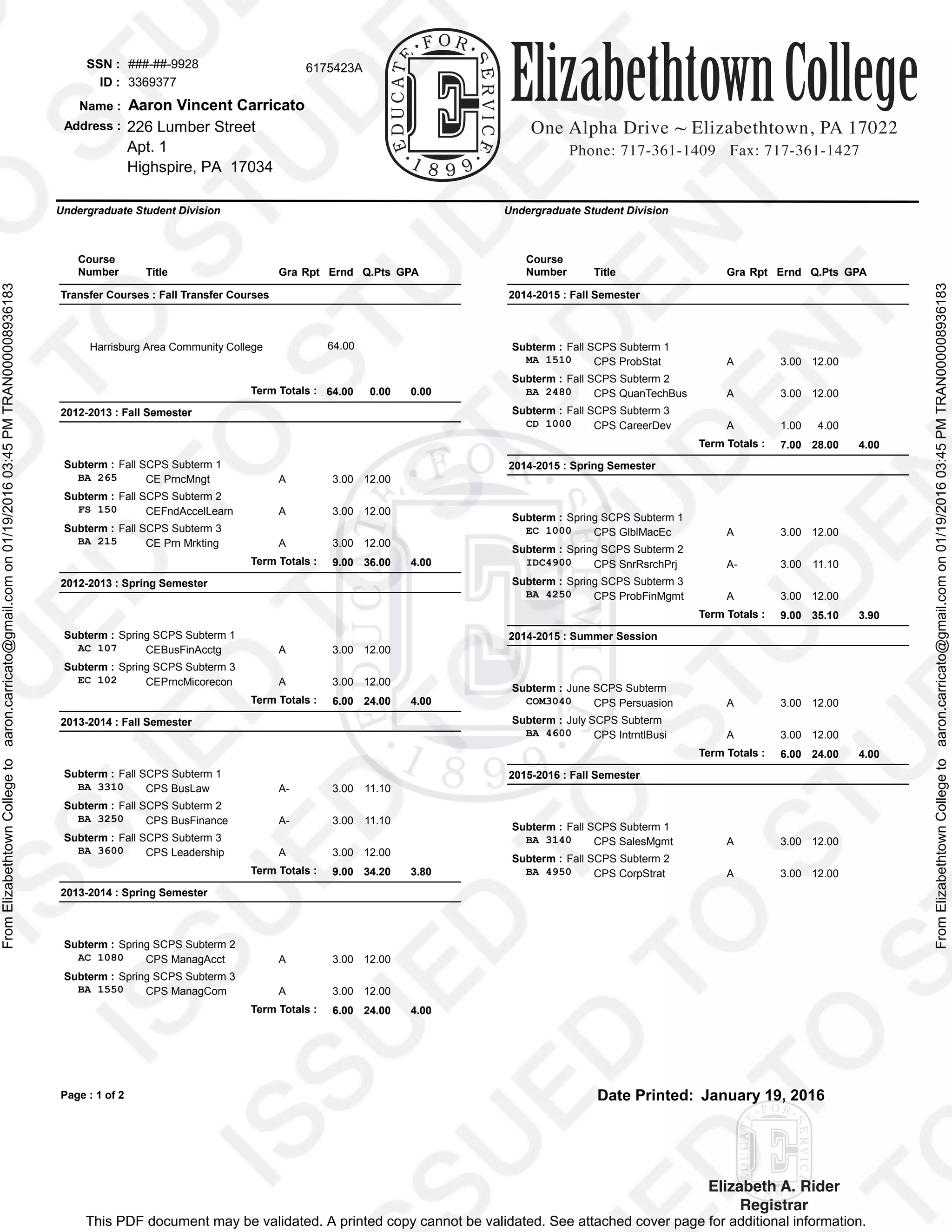 Elizabethtown College Official Transcript (eVersion) | PDF