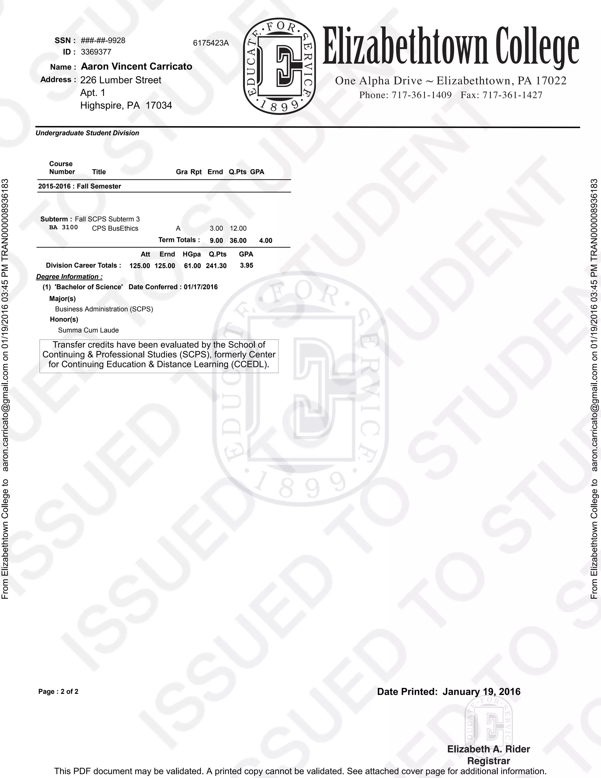 Elizabethtown College Official Transcript (eVersion) | PDF