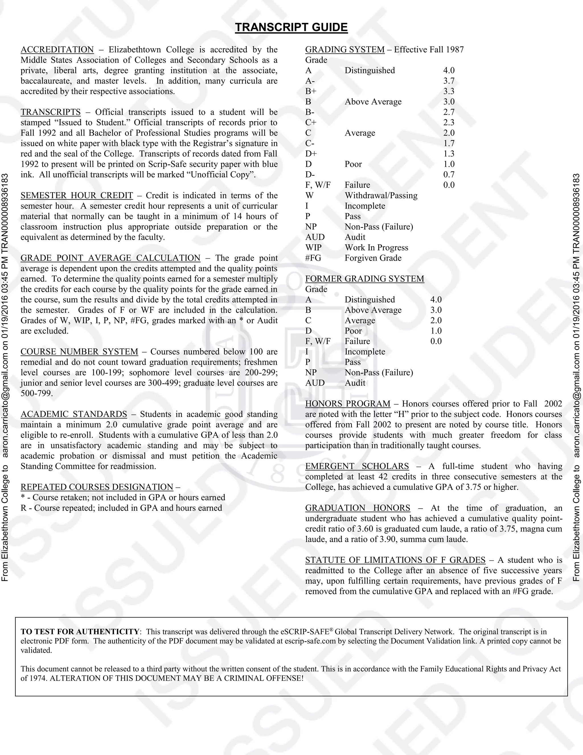 Elizabethtown College Official Transcript (eVersion) | PDF