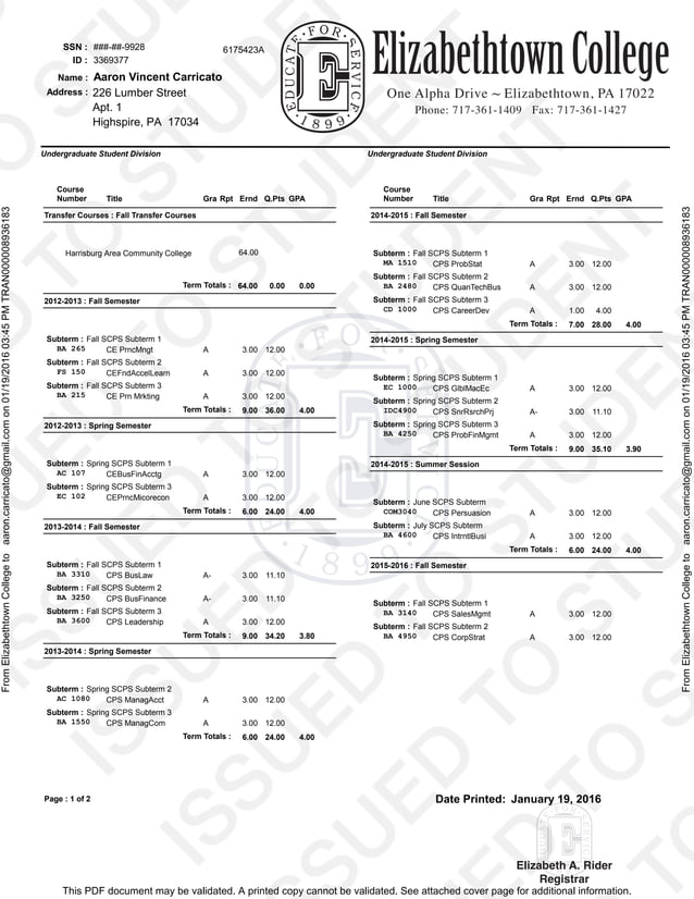 Elizabethtown College Official Transcript (eVersion) | PDF