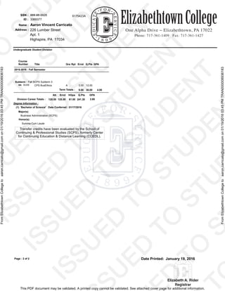 Elizabethtown College Official Transcript (eVersion) | PDF