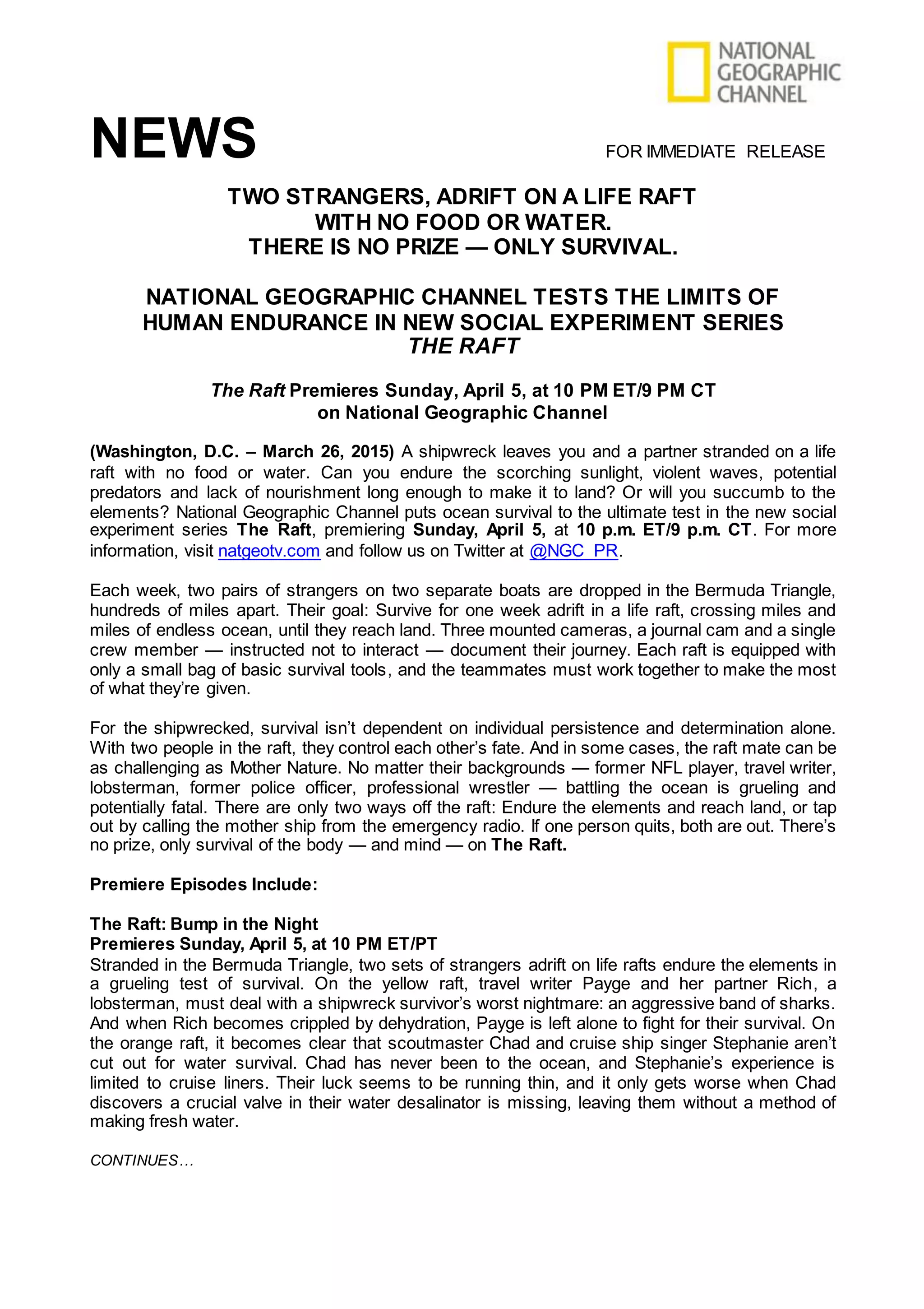 The Raft - Press Release - National Geographic Channel | DOCX