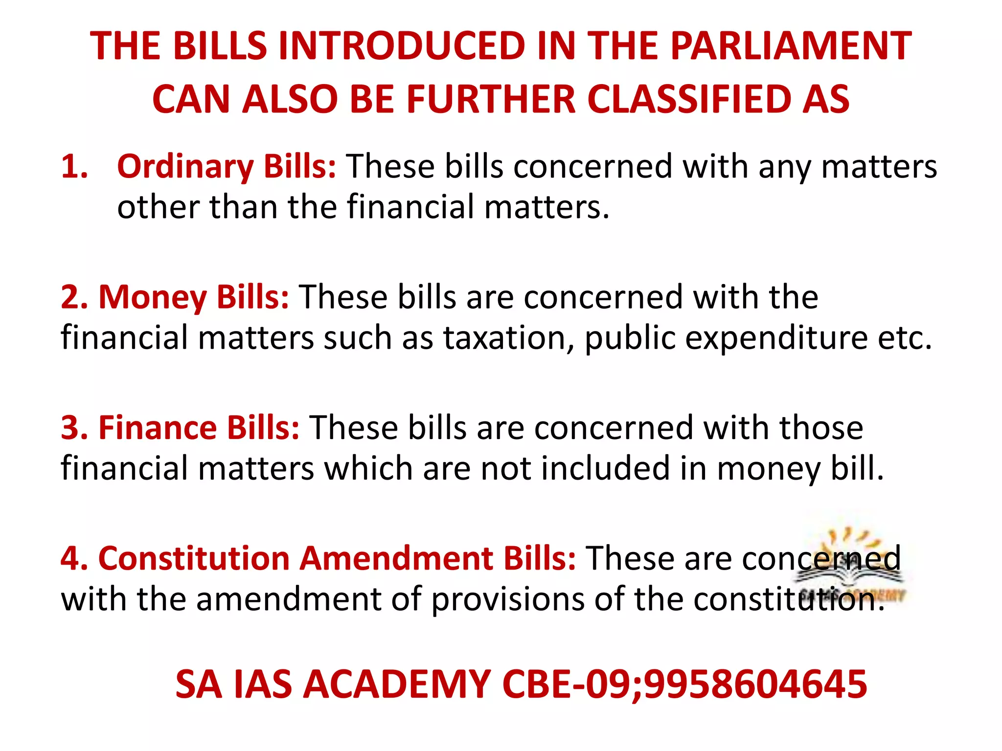 TYPES OF BILLS INTRODUCED IN THE INDIAN PARLIAMENT | PPTX