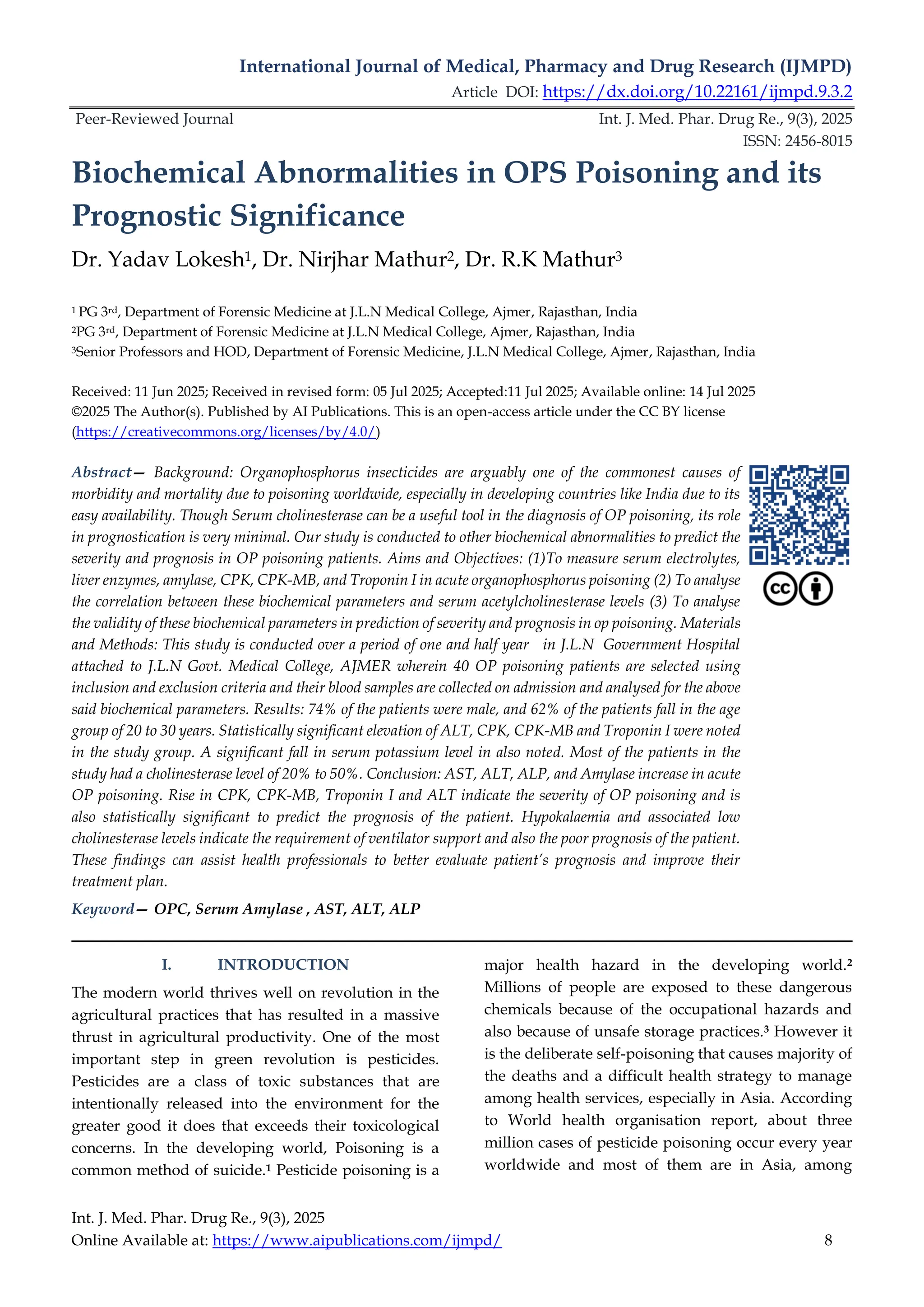 Biochemical Abnormalities in OPS Poisoning and its Prognostic ...