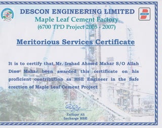 012-Service Certificate Maple Leaf Cement | PDF
