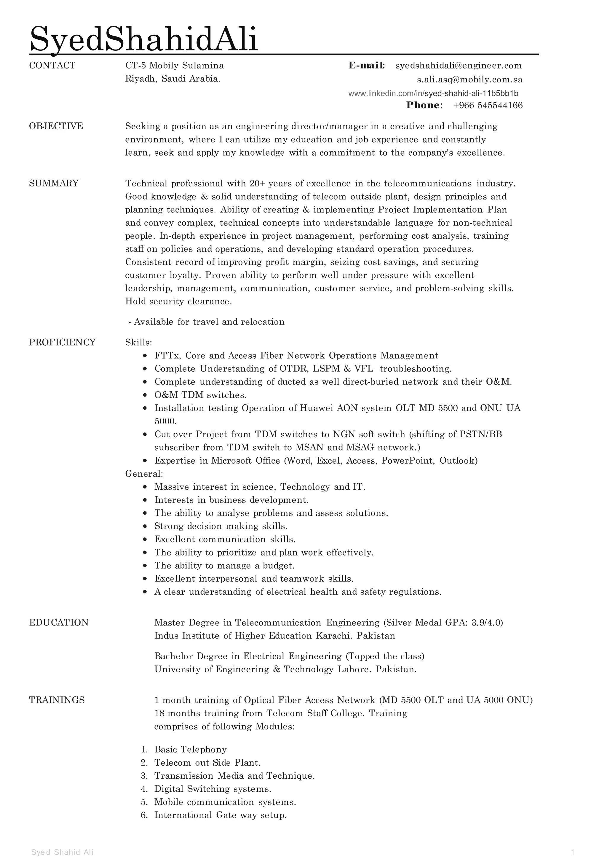 Shahid Ali Telecom CV | PDF