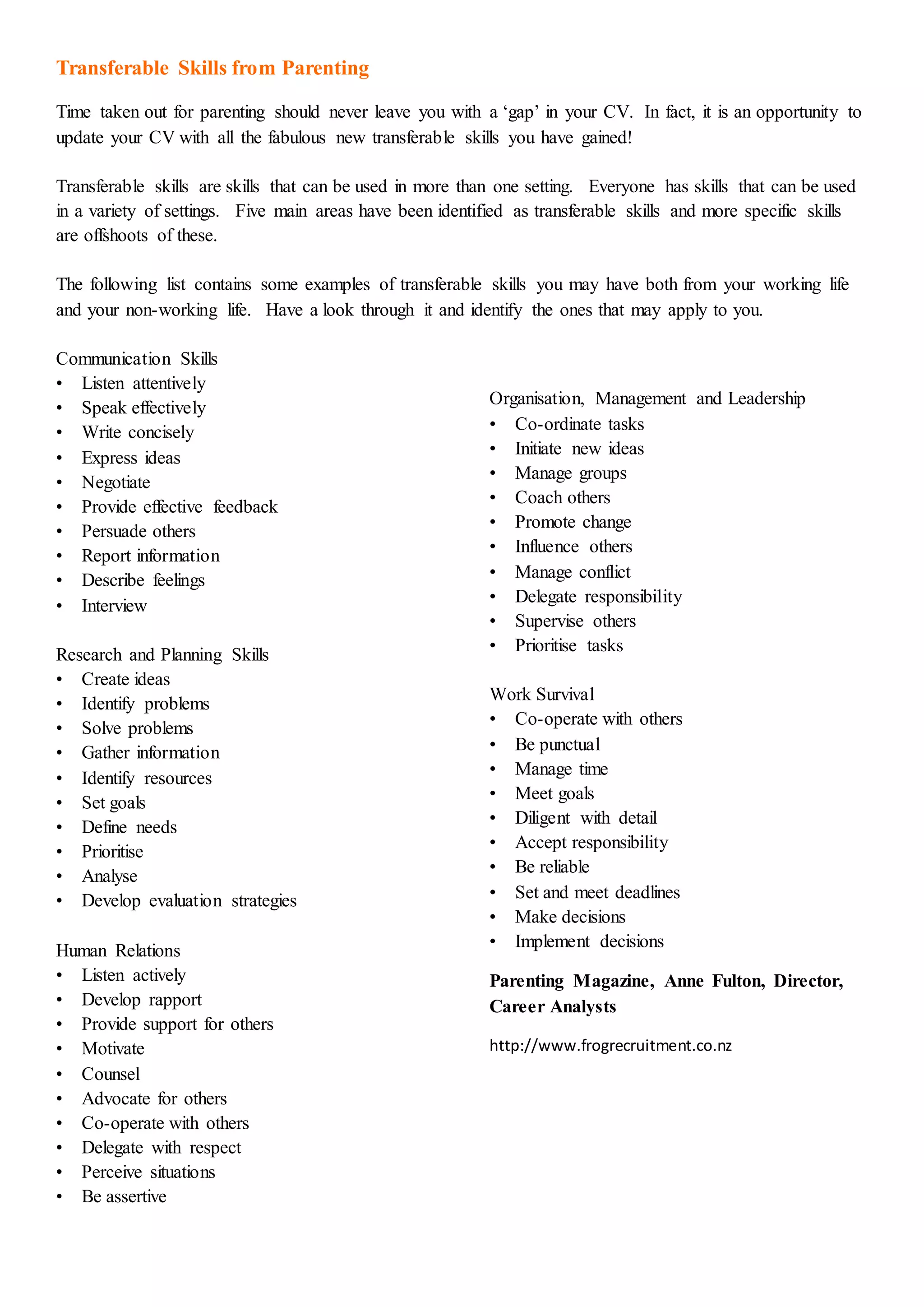 Transferable Skills from Parenting | DOCX