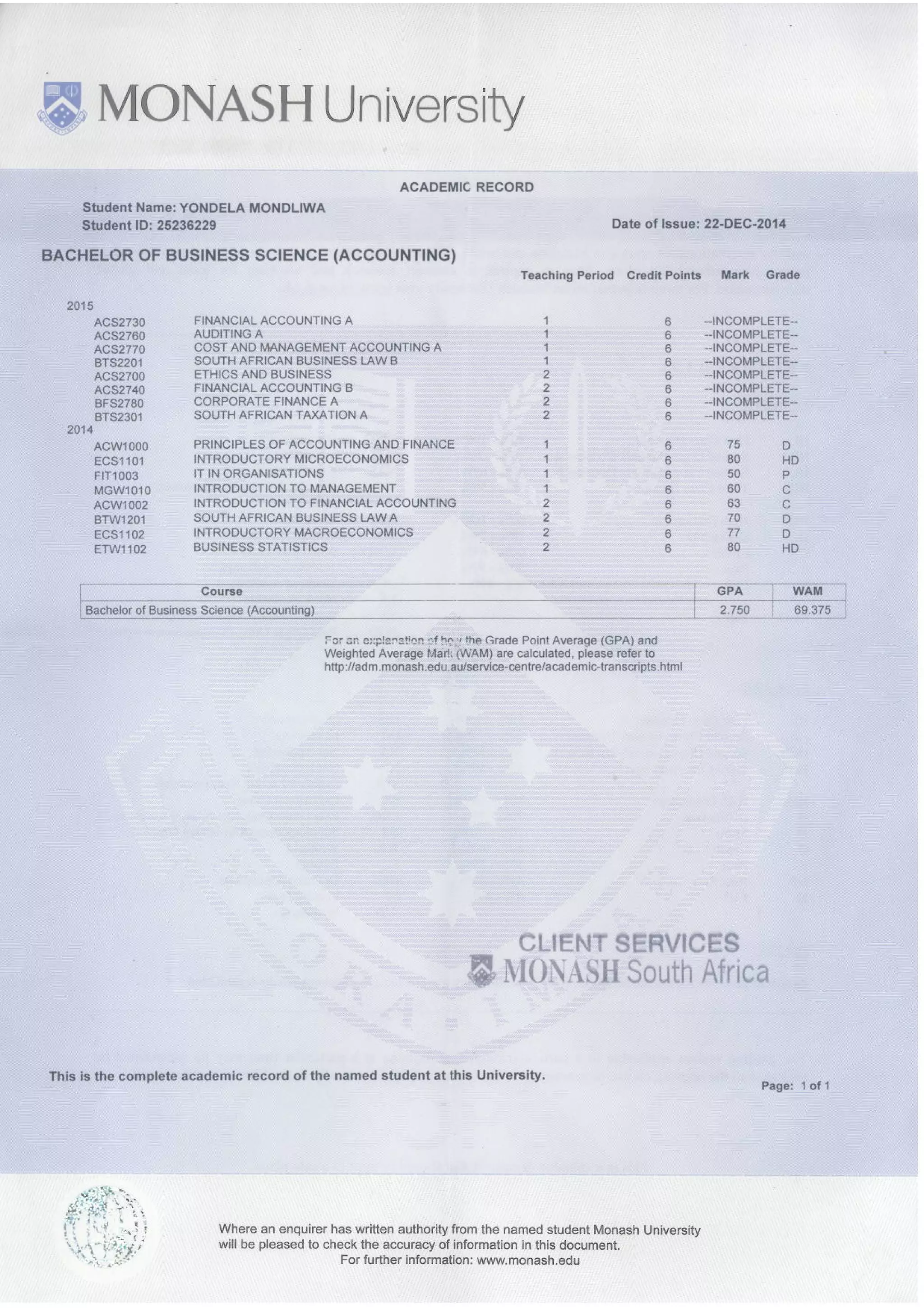 First Year Academic Transcript | PDF