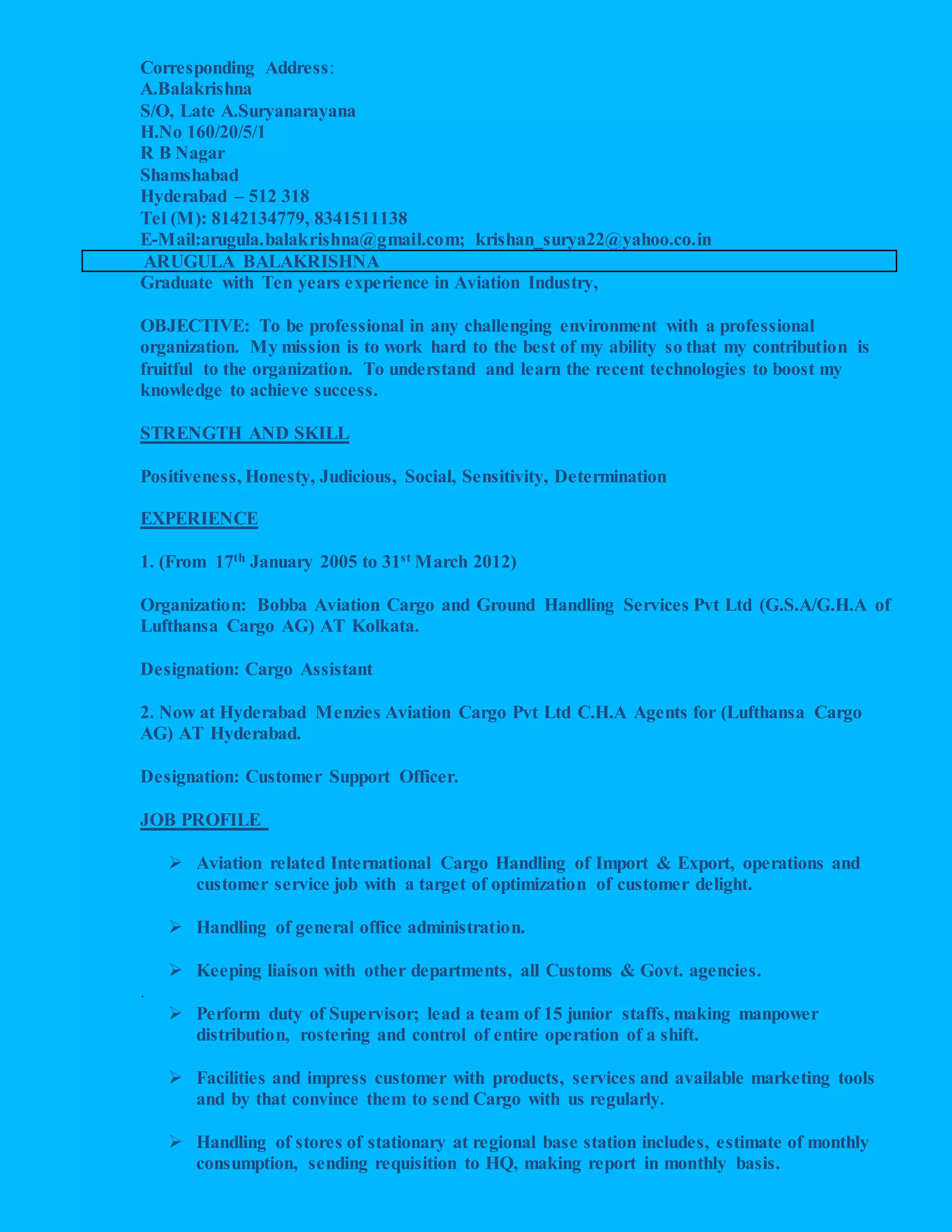 bala.resume | DOCX | Aviation Industry | Industries