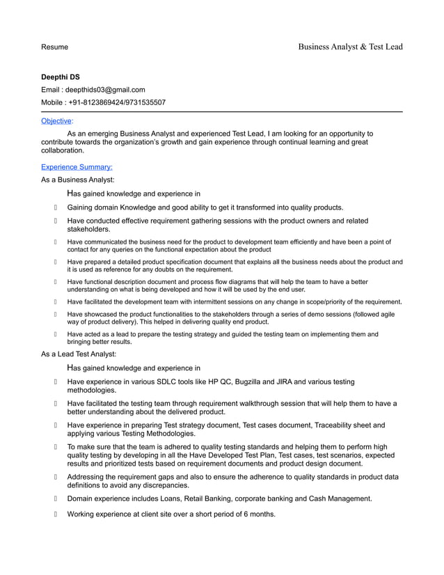 Deepthi DS_Business Analyst & Test Lead_Resume | DOC