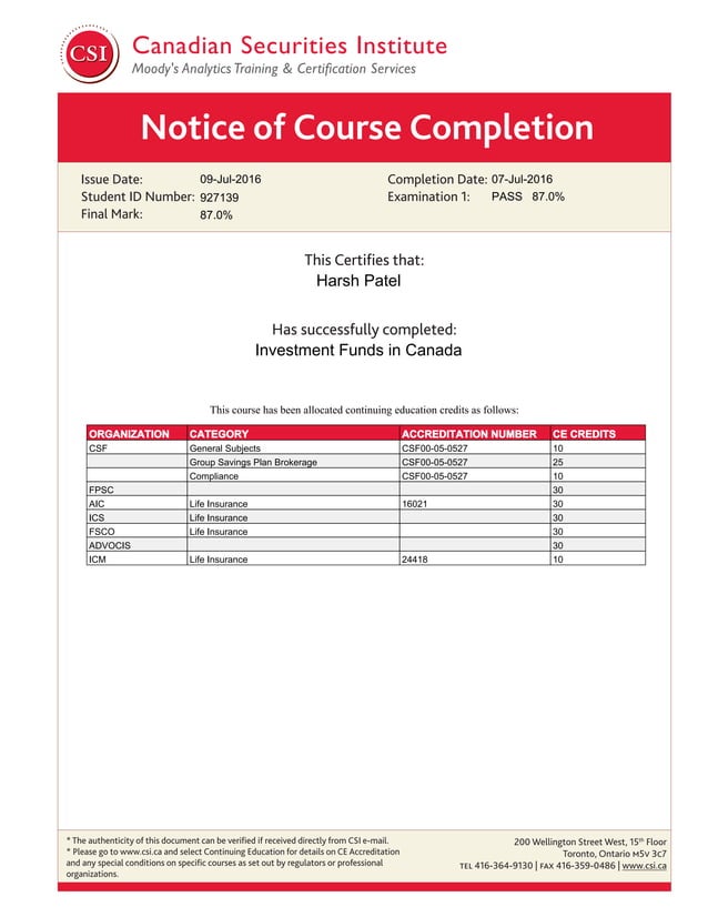 Notice Of Course Completion Certificate - IFC | PDF