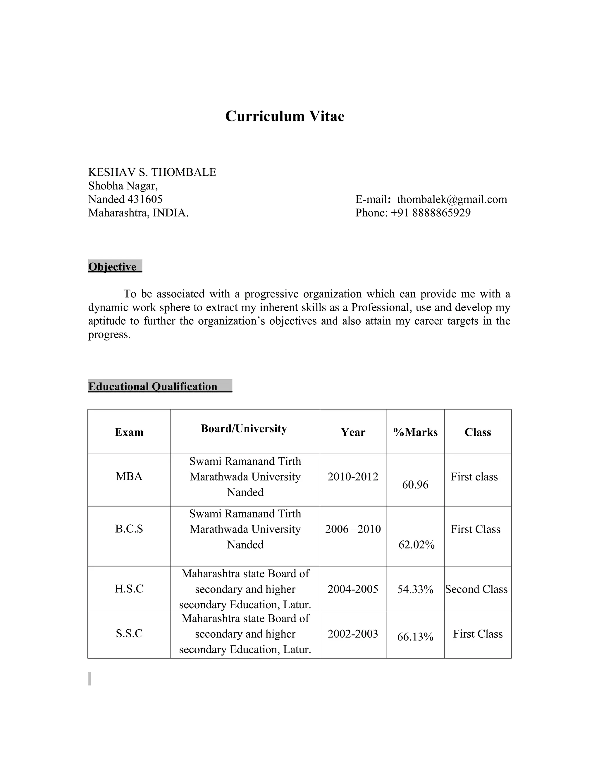keshav thombale resume | DOC