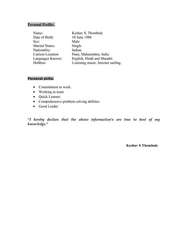 keshav thombale resume | DOC | Secondary Education | Education