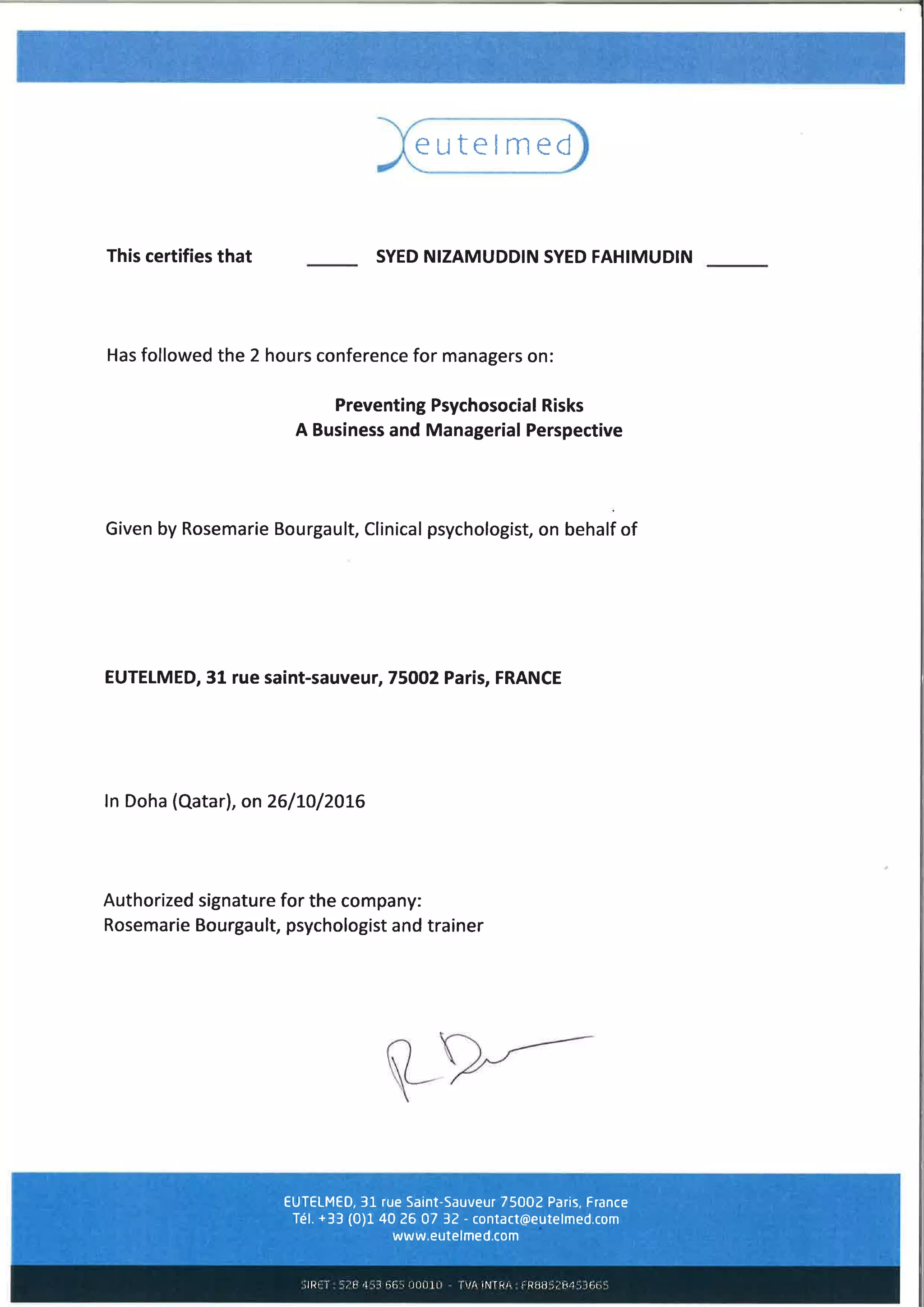 Conference for preventing Psychosocial Risk - Eutelmed | PDF