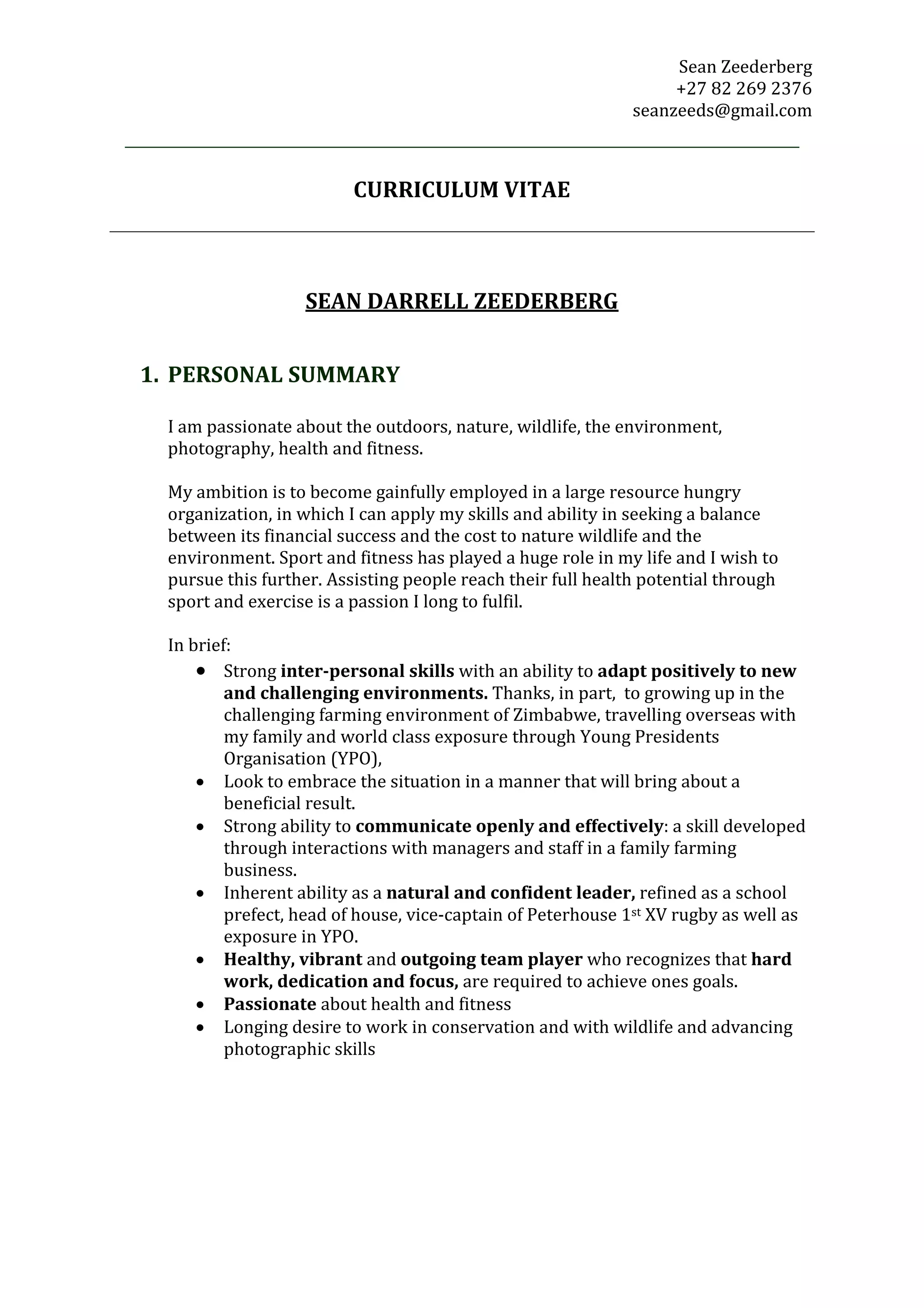 SEAN DARRELL ZEEDERBERG CV | PDF