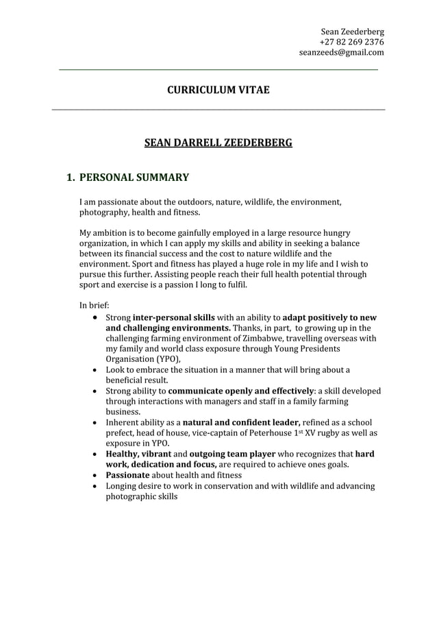 SEAN DARRELL ZEEDERBERG CV | PDF | Rugby Union | Rugby