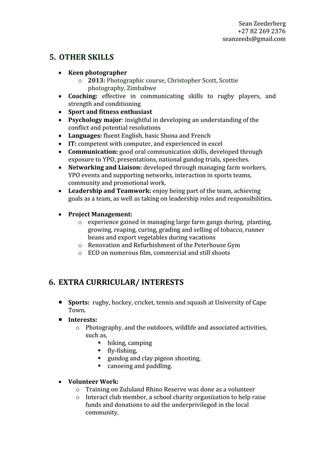 SEAN DARRELL ZEEDERBERG CV | PDF | Rugby Union | Rugby