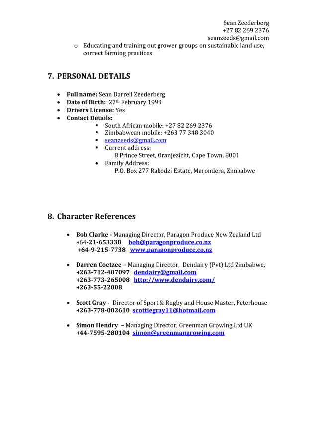 SEAN DARRELL ZEEDERBERG CV | PDF | Rugby Union | Rugby