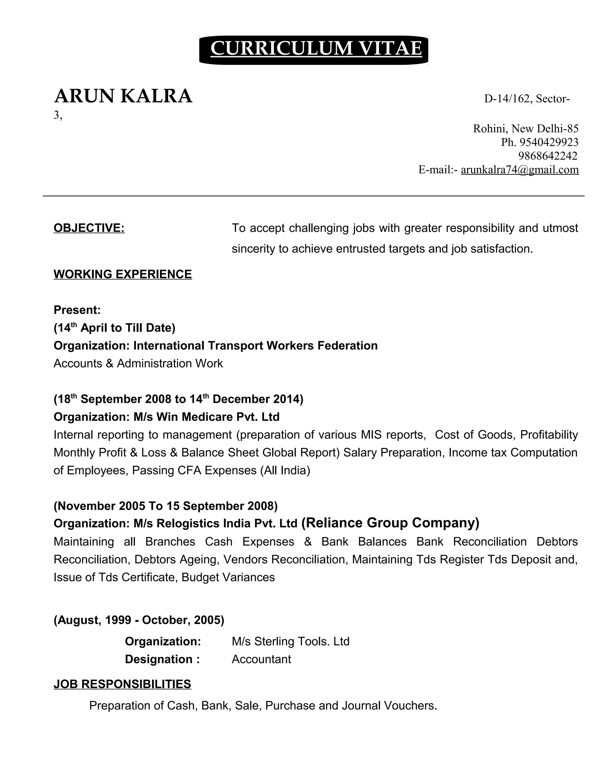 ARUN KALRA Resume | DOC | Business Accounting & Finance | Business