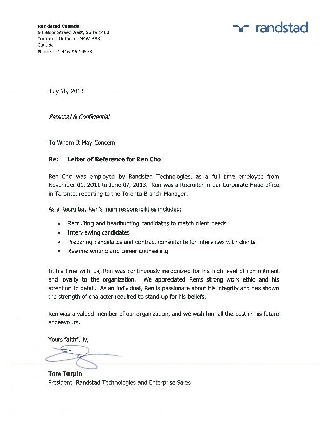 Randstad President Reference Letter