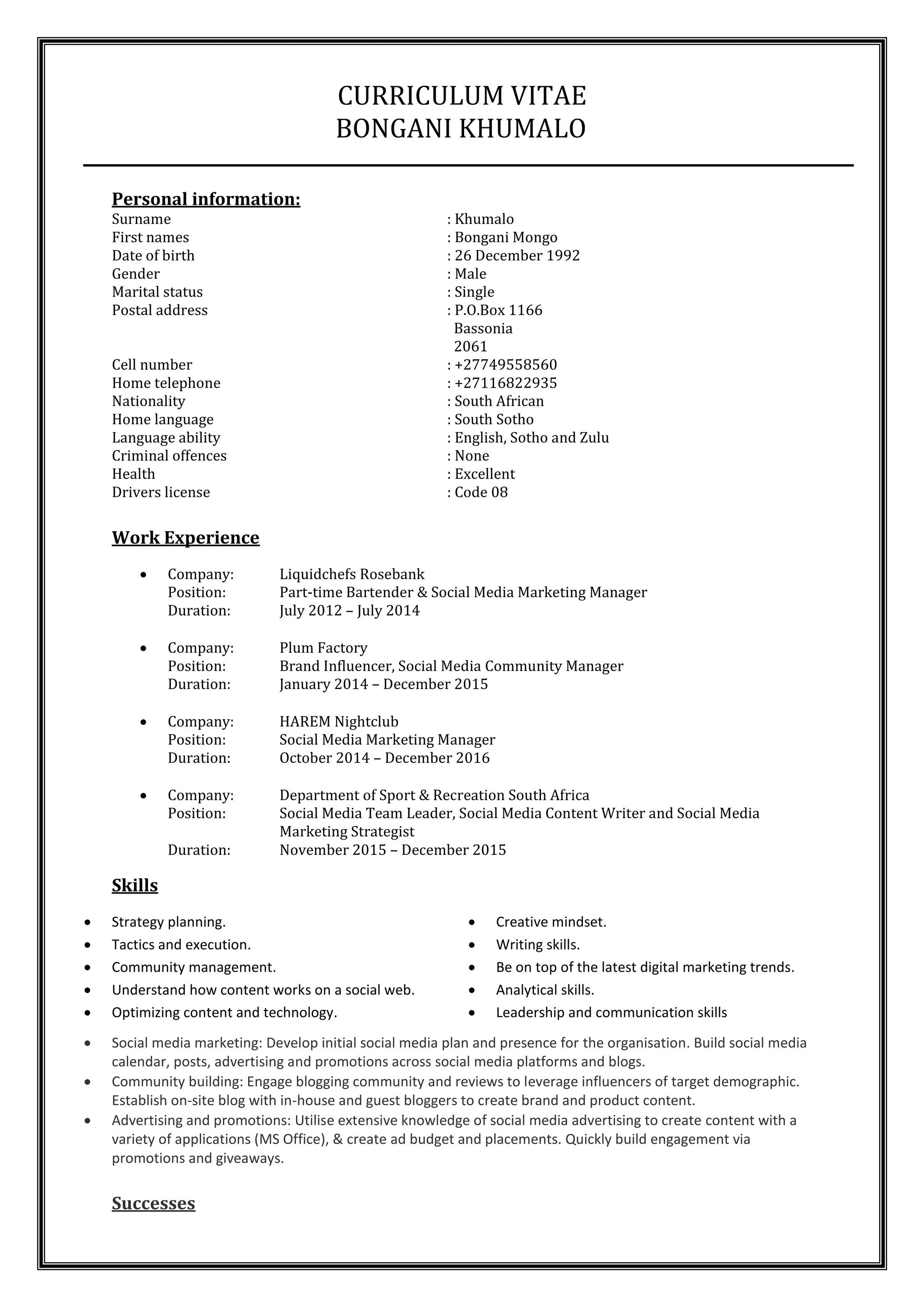 CV - Bongani Khumalo | PDF