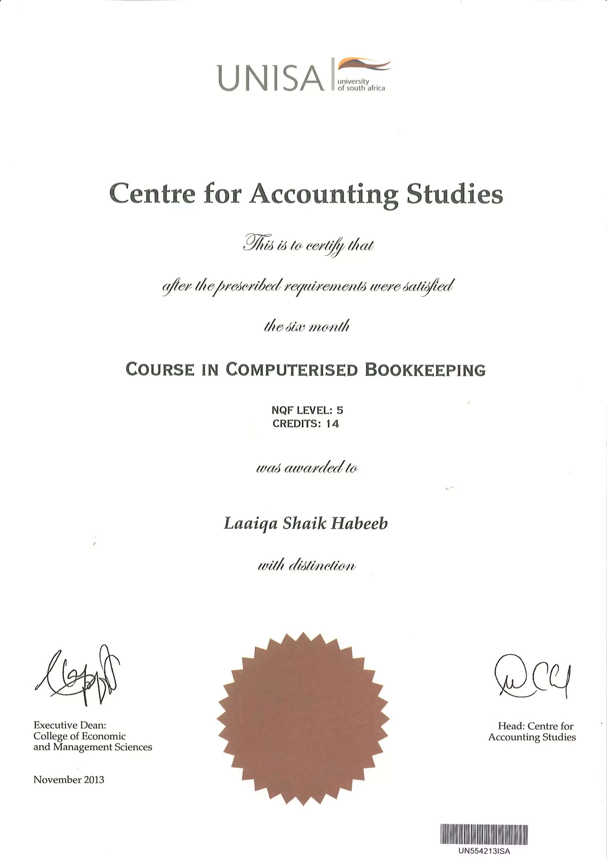 UNISA Comp Bookkeeping Certificate | PDF