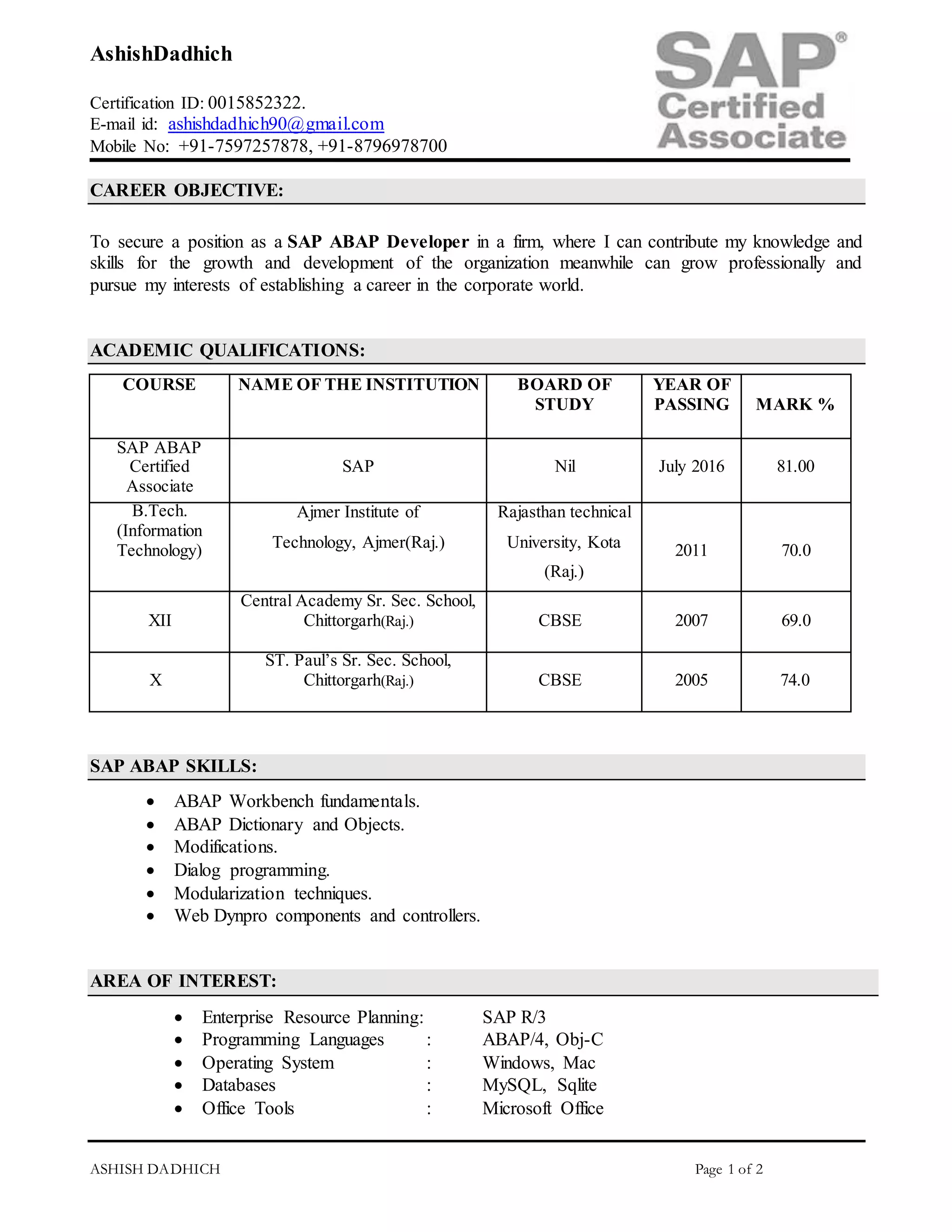 Ashishdadhichsap Abap Fresher Resume Pdf 
