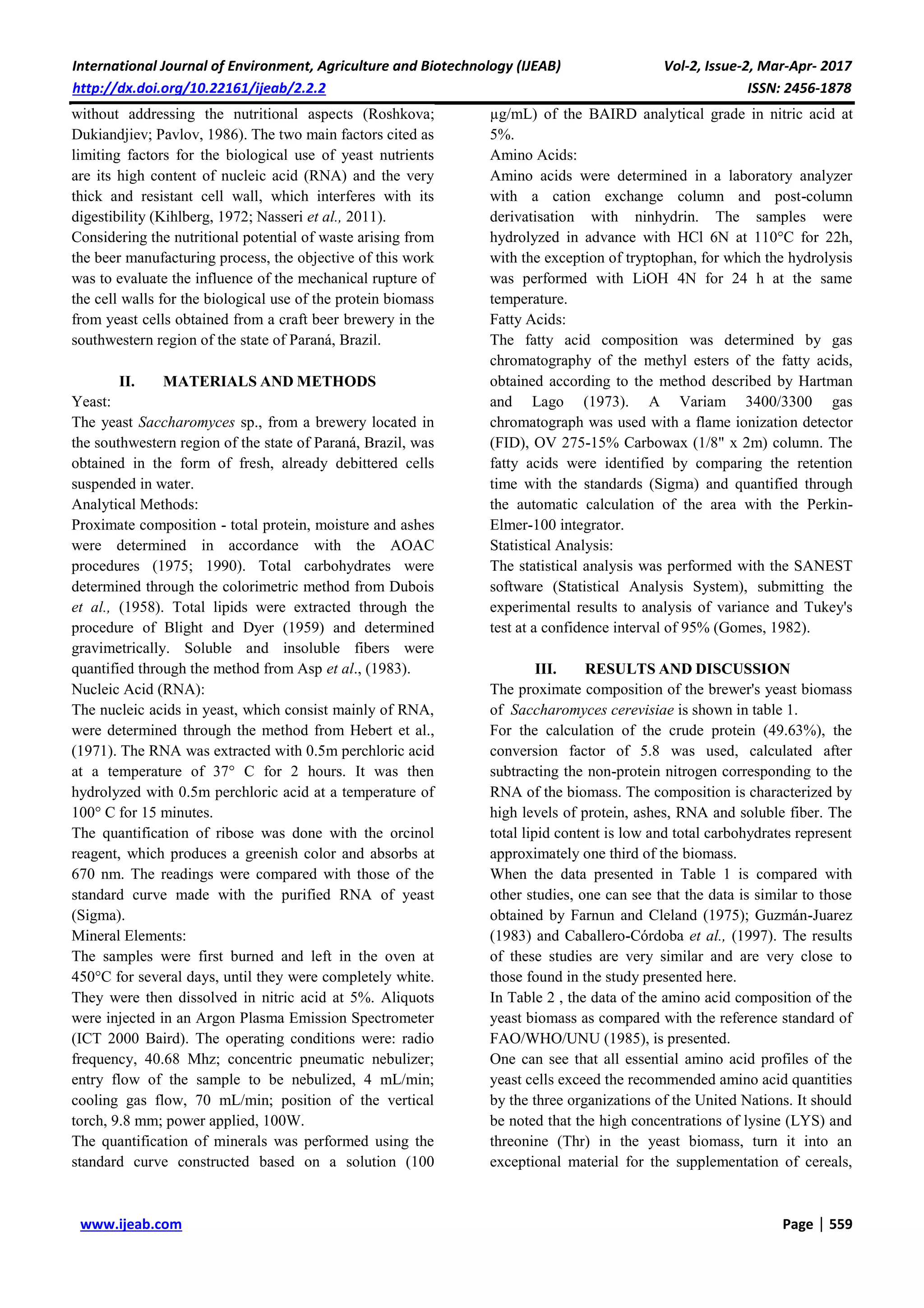 Chemical Composition of the Biomass of Saccharomyces cerevisiae ...