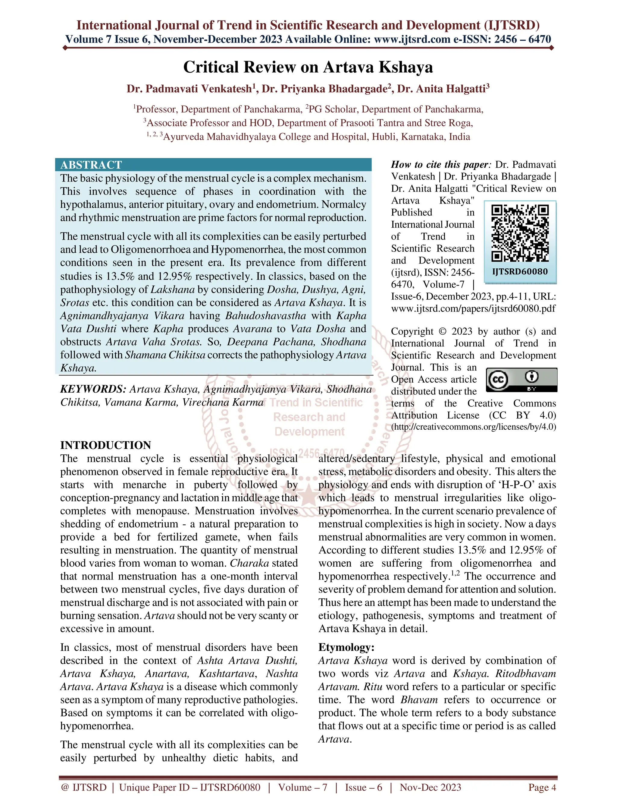 Critical Review on Artava Kshaya | PDF