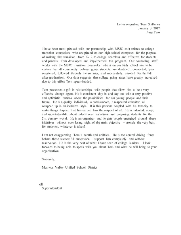 Letter of Recommendation From Murrieta Superintendent Pat Kelly | DOCX ...