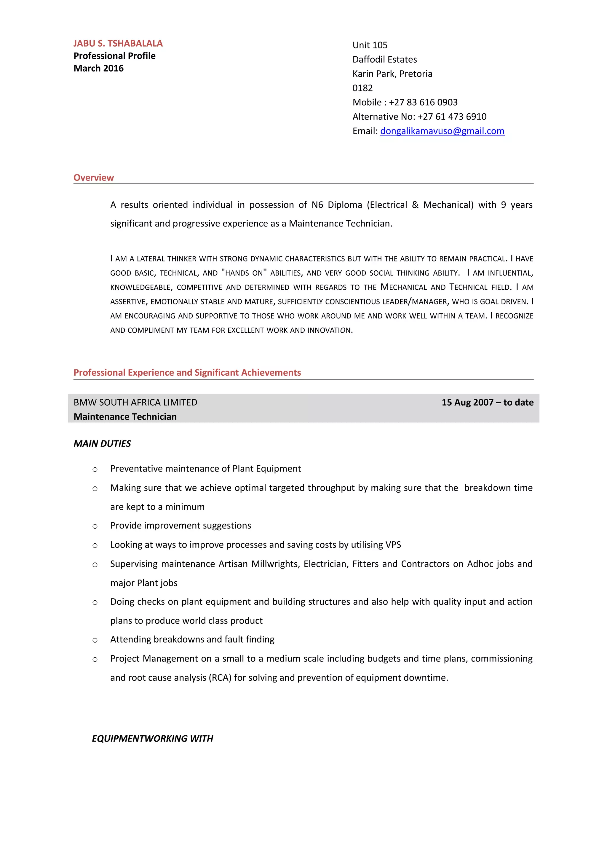 Jabu Tshabalala's Curriculum Vitae | DOC