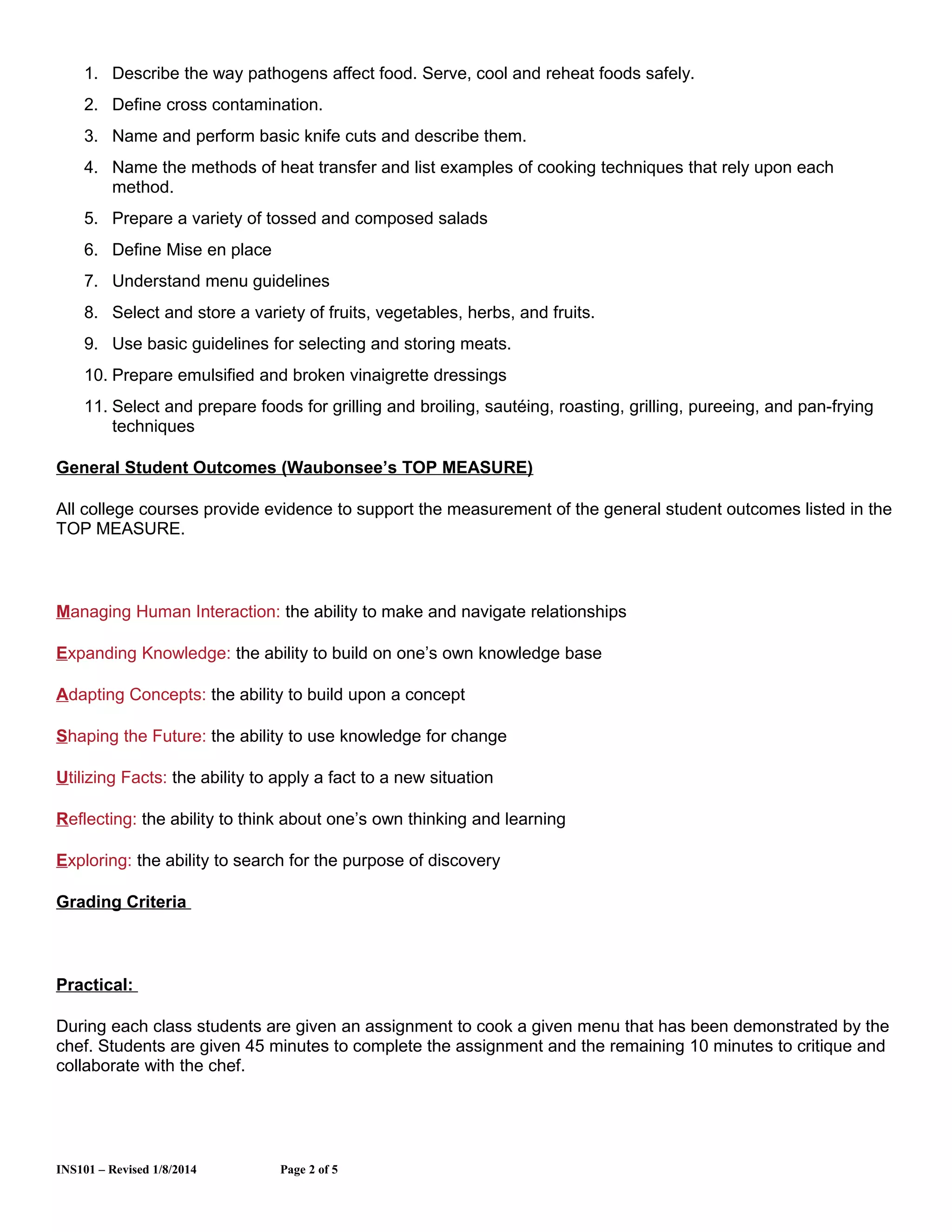 Cooking 101 Syllabus | DOC | Cooking | Food & Drink