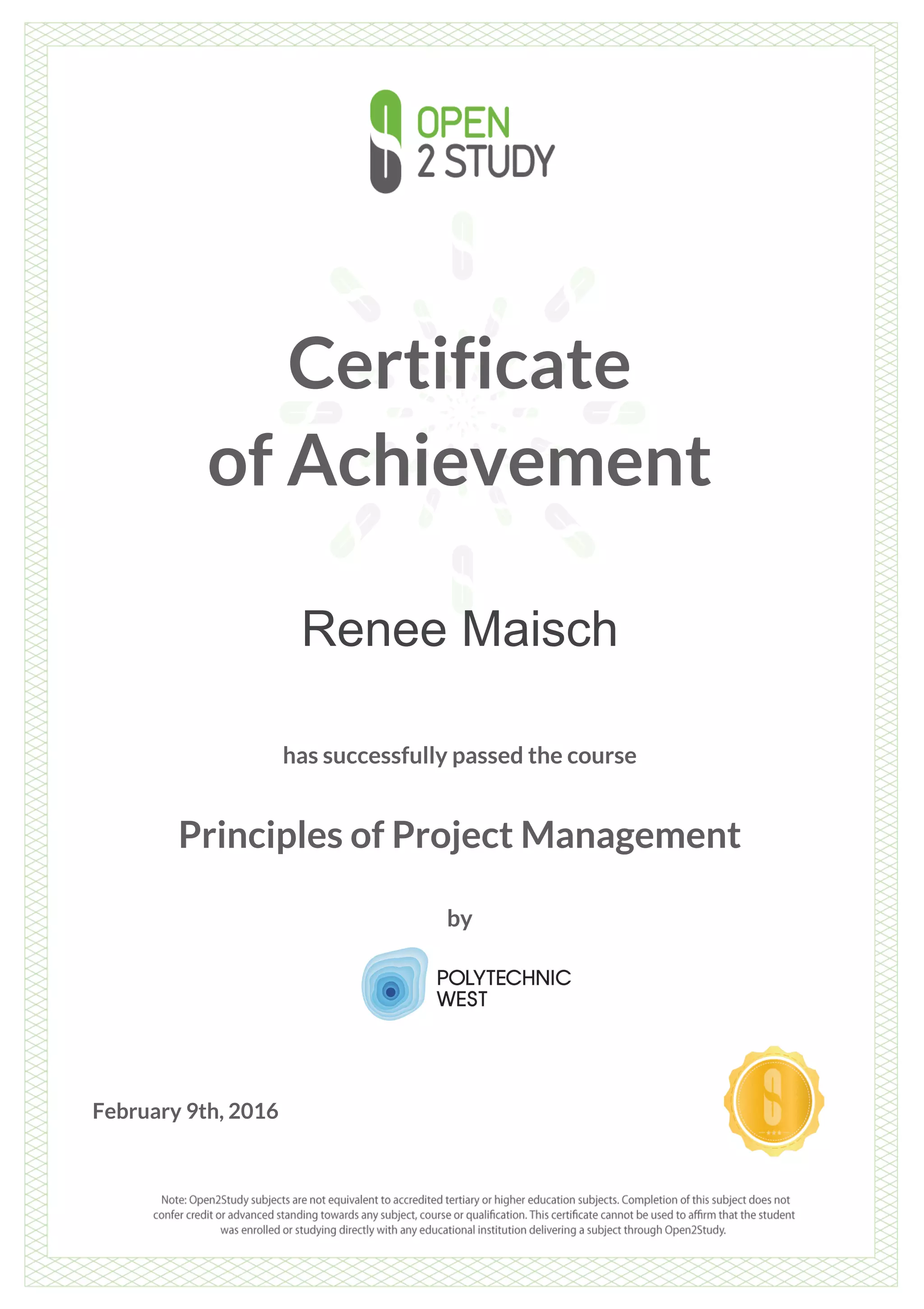 Polytechnic West Certificate of Completion- Principles of Project ...
