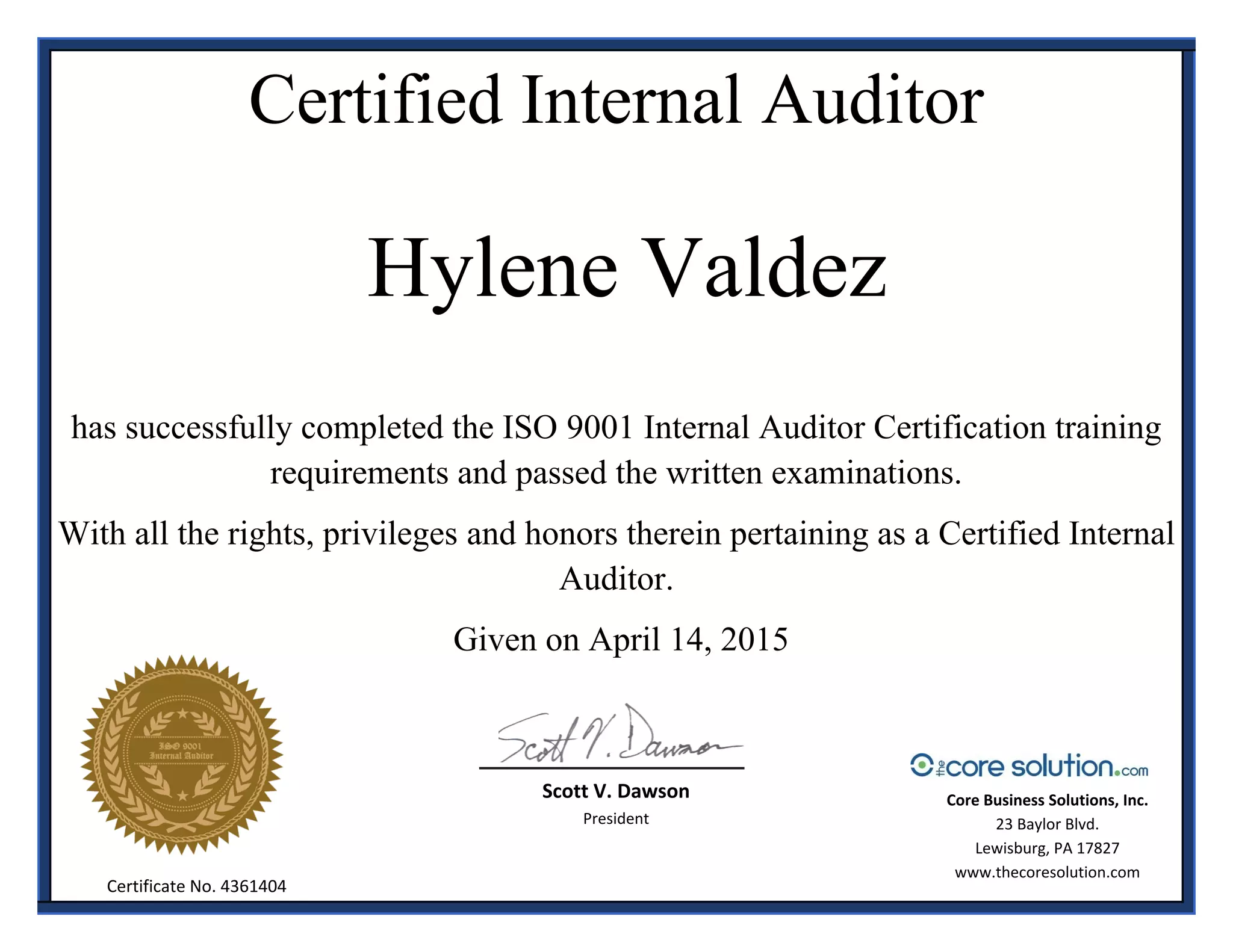 Internal Auditor Certificate | PDF