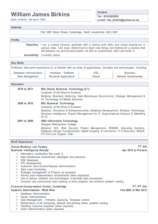 William_Birkins_CV | DOCX | Databases | Computer Software and Applications