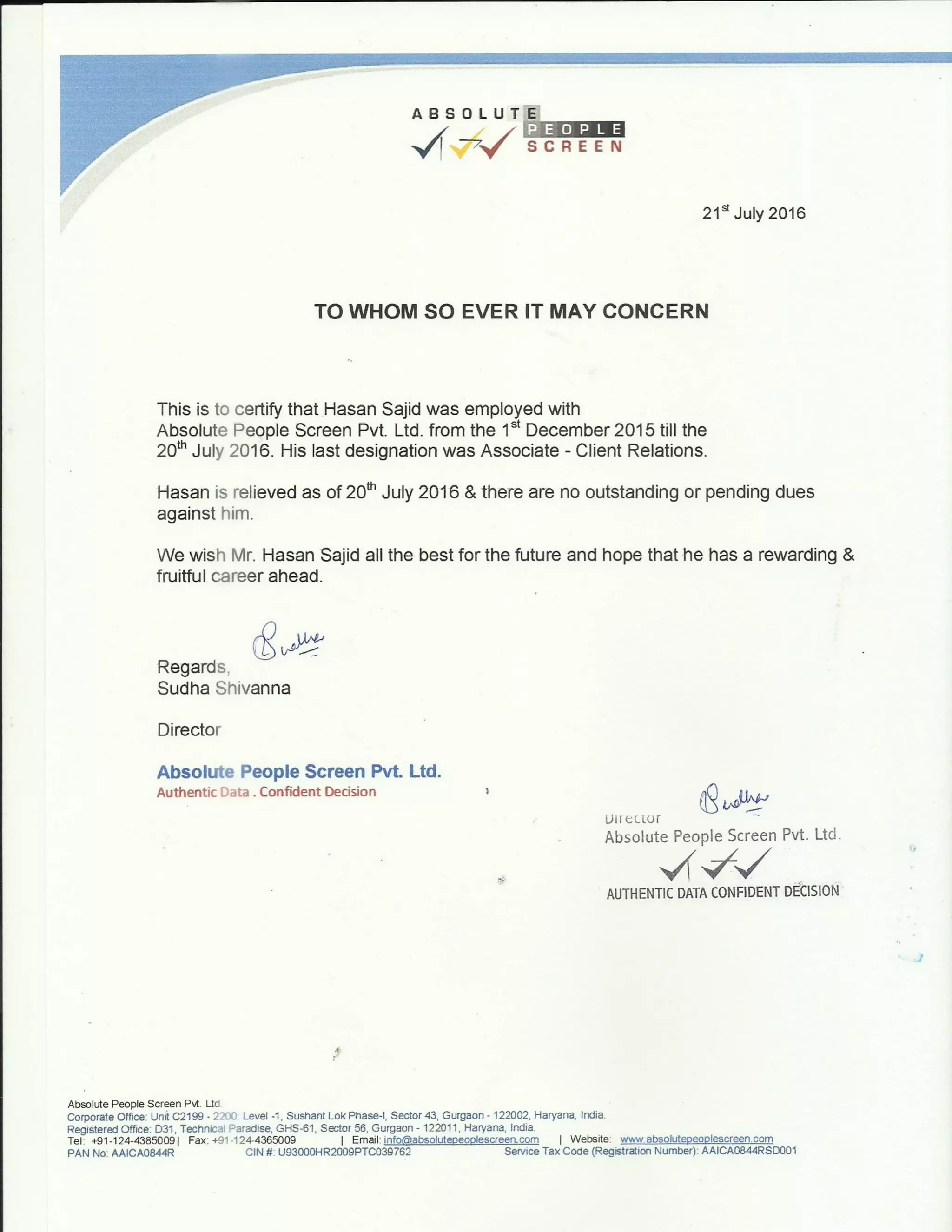 Experience Letter - APS | PDF