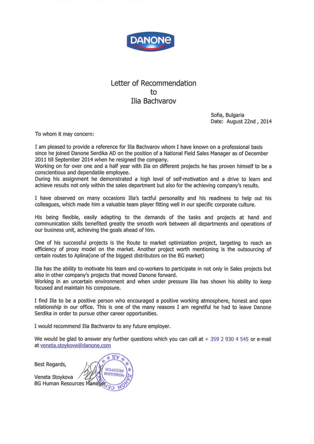Letter of recommendation Danone Bulgaria | PDF