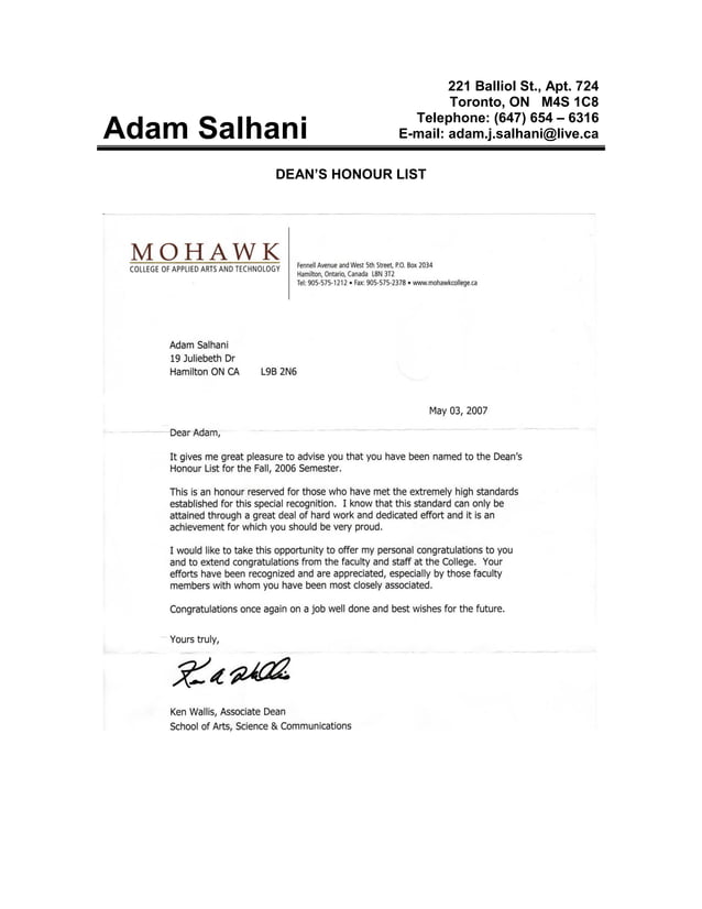 Dean List 2007 - Mohawk College | PDF